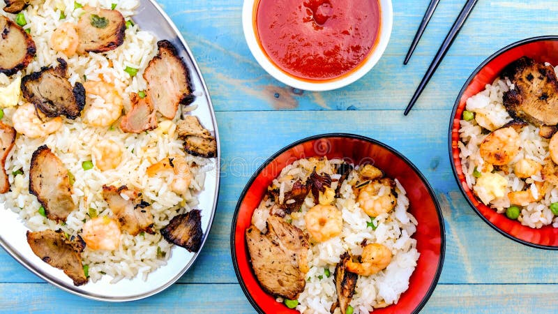 Chinese Style Egg Fried Rice with Pork Stock Image - Image of platter ...