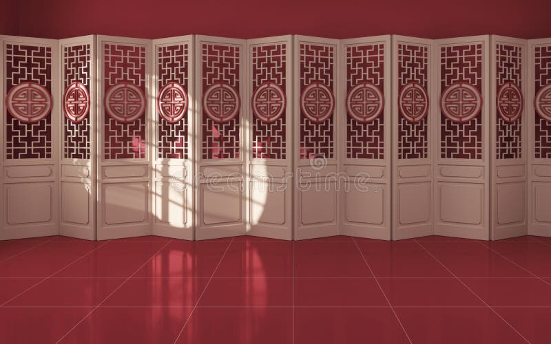 Chinese Style Empty Room and Screen, 3d Rendering Stock Illustration ...
