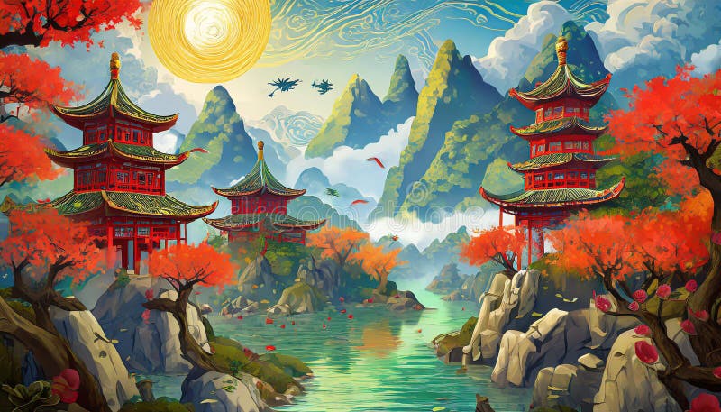 Chinese Style Fantasy Scenes Stock Illustration - Illustration of magic ...