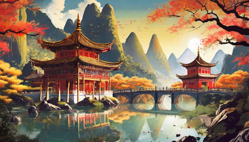 Chinese Style Fantasy Scenes Stock Illustration - Illustration of magic ...