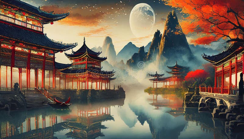 Chinese Style Fantasy Scenes Stock Illustration - Illustration of ...