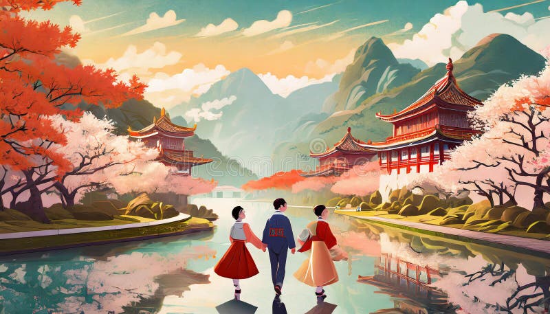 Chinese Style Fantasy Scenes People Walking Stock Illustration ...