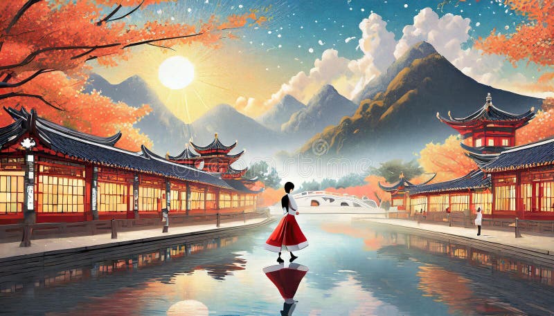 Chinese Style Fantasy Scenes People Walking Stock Illustration ...