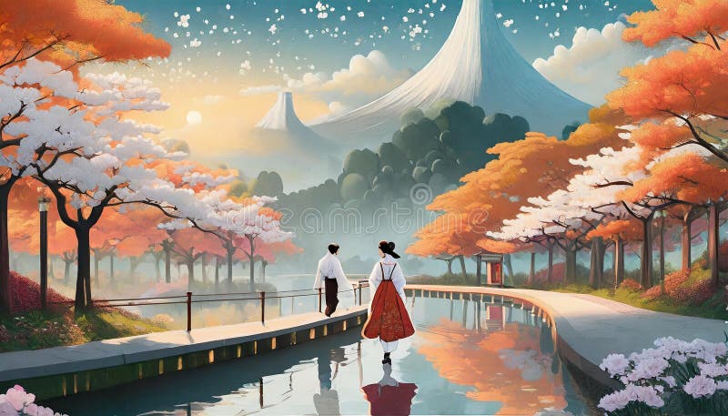 Chinese Style Fantasy Scenes People Walking Stock Illustration ...