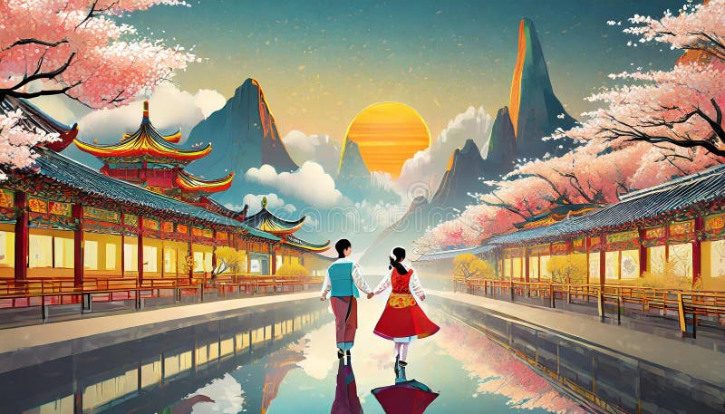 Chinese Style Fantasy Scenes People Walking Stock Illustration ...