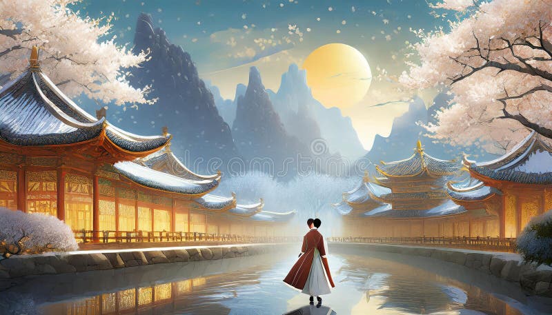 Chinese Style Fantasy Scenes People Walking Stock Illustration ...