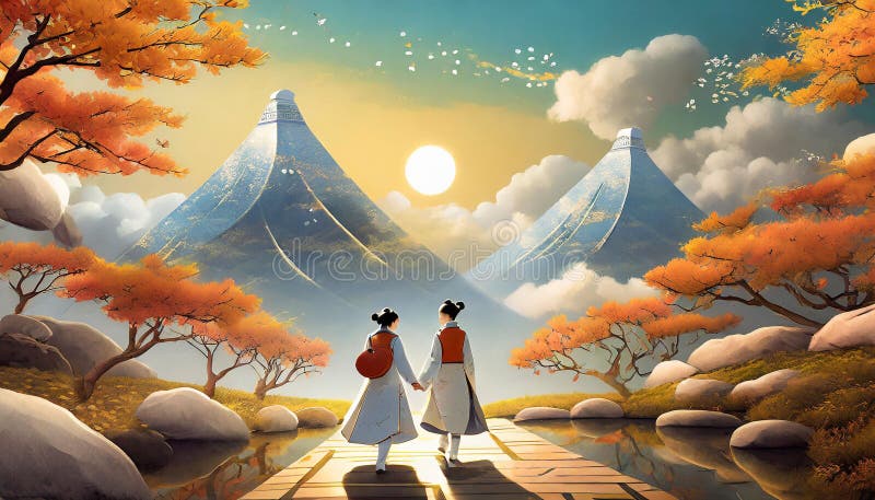 Chinese Style Fantasy Scenes People Walking Stock Illustration ...