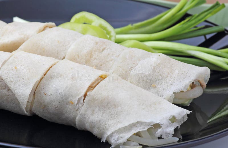 Chinese Style Fresh Spring Roll in Black Plate Stock Photo - Image of ...