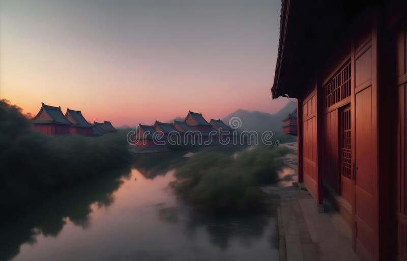 Chinese Style Landscape River Traditional House Sunset Background Stock ...