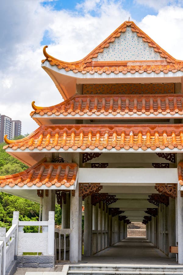 Chinese Style Orange Tile Roof Tilted Corner Building Close-up Stock ...