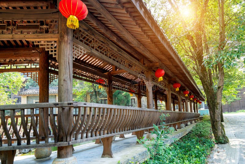 Chinese Traditional Wooden Building Bridge Stock Image - Image of ...