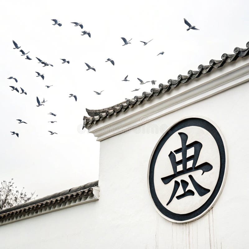 Chinese Symbol on White Wall with Birds Isolated on Transparent ...