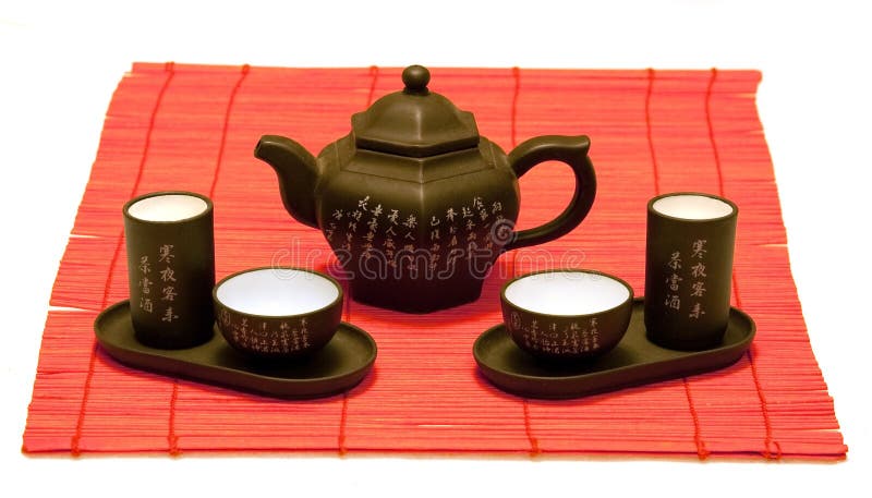 Chinese tea set on red mat stock illustration. Illustration of bamboo ...