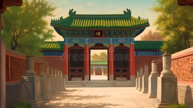 Chinese Temple Entrance Gate in the Park. 3d Render Illustration Stock ...