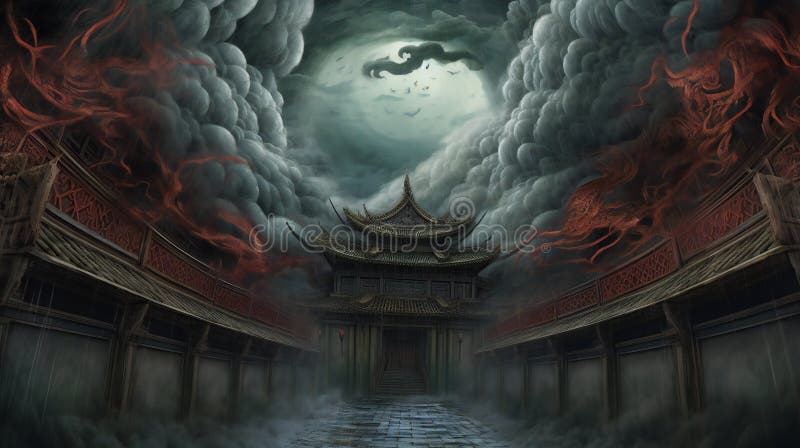 Chinese Temple with Fire and Smoke in the Sky Stock Illustration ...