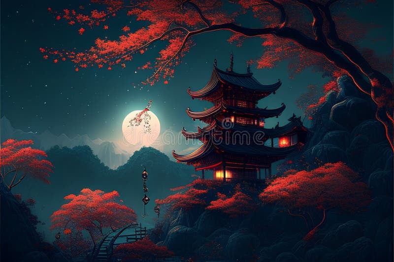Chinese Temple in the Forest at Night with Full Moon. Vector ...