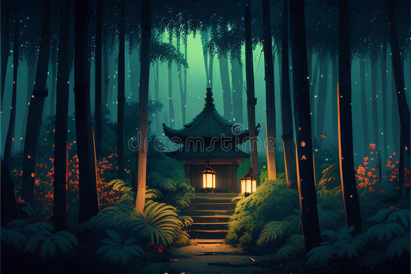 Chinese Temple in the Forest at Night. Vector Illustration in Cartoon ...