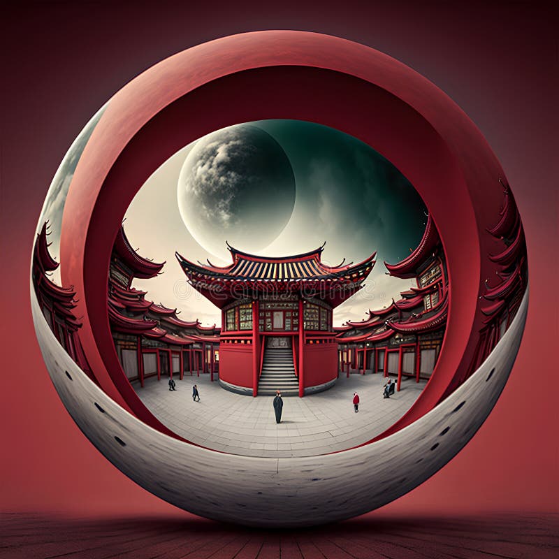 Chinese Temple in the Form of a Circle on a Red Background. Stock ...
