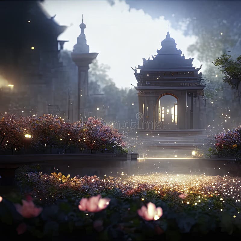 Chinese Temple in the Mist at Night, 3d Rendering. Computer Digital ...