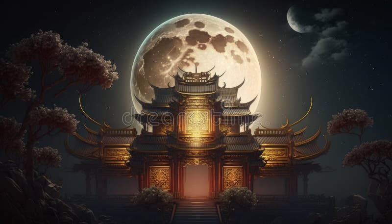 Chinese Temple in the Moonlight with Full Moon. Generative AI Stock ...