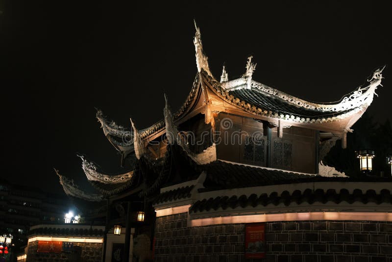 Chinese temple at night editorial stock image. Image of light - 237127469
