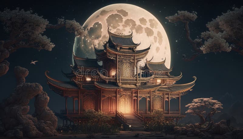 Chinese Temple at Night with Full Moon. Generative AI Stock ...