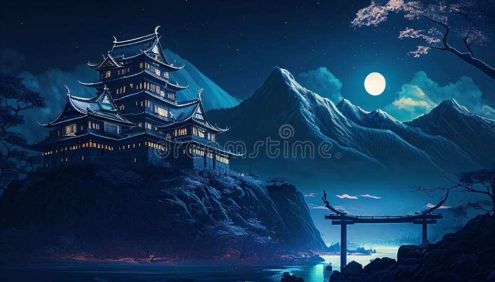 Chinese Temple at Night with Full Moon in the Sky. 3D Rendering Stock ...