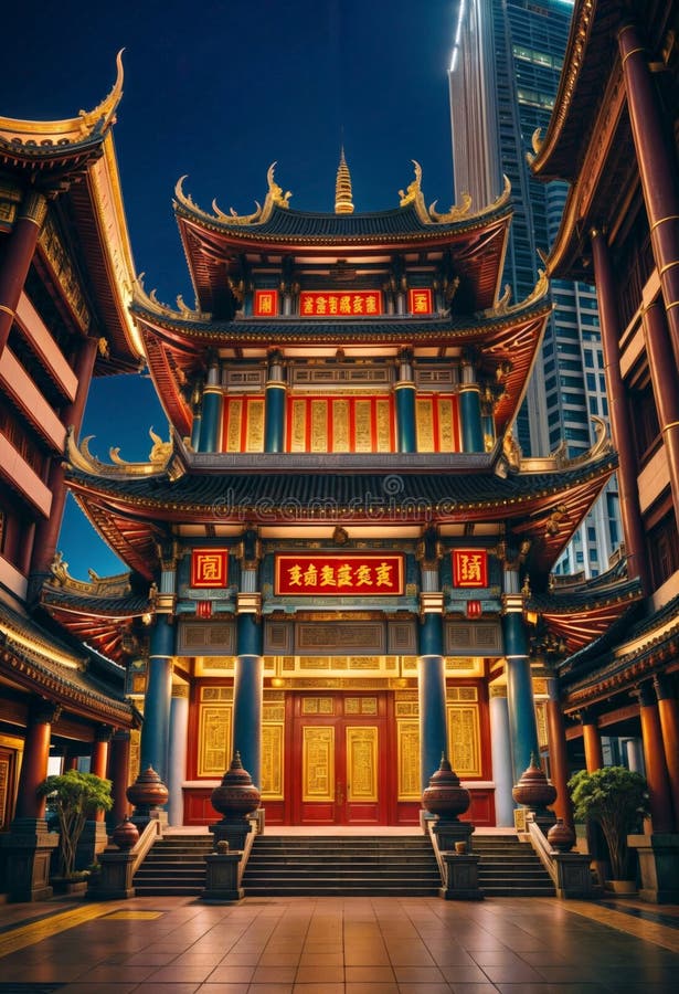 A Chinese Temple at Night with a Large Building Stock Illustration ...