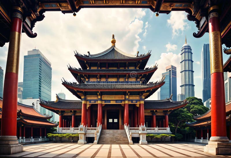 A Chinese Temple with Tall Columns and a Tall Building in the ...