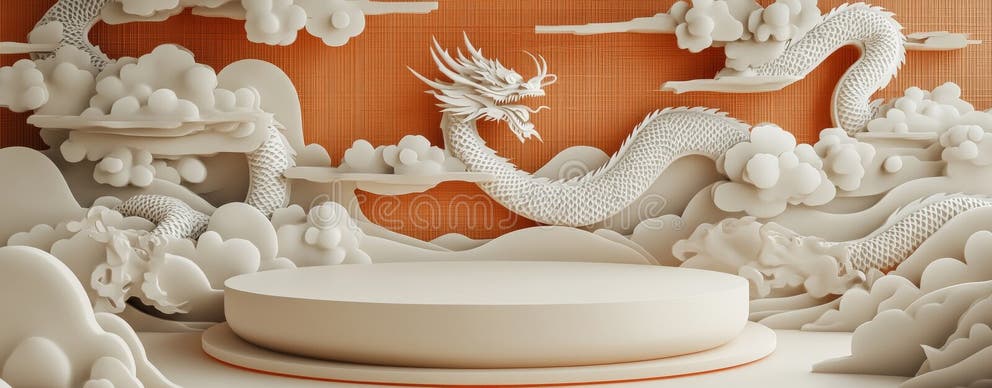 A Chinese-themed Backdrop Featuring a Circular Frame and Dragon Statues ...