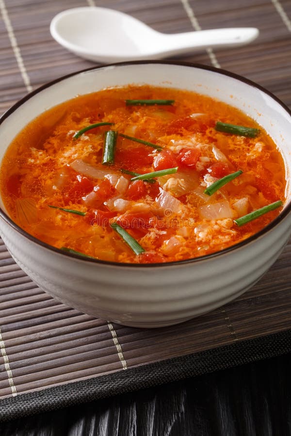 Chinese Tomato Egg Drops Soup Close-up in a Bowl. Vertical Top View ...