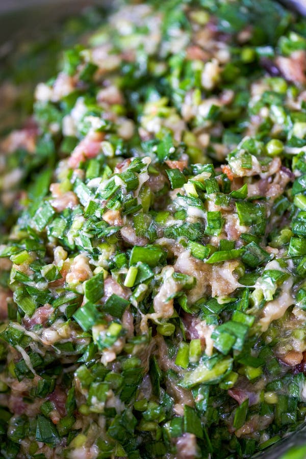 Chinese Traditional Dumpling Stuffing, Leek Pork Stuffing Stock Photo ...