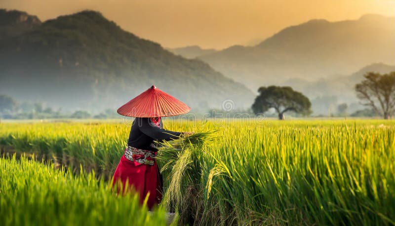 Chinese with Traditional Chinese Hat Collect Rice on Field Stock ...
