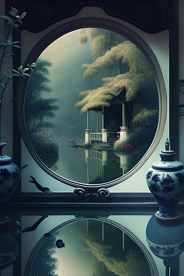 Chinese Traditional House with Boat on the Lake. Vector Illustration in ...