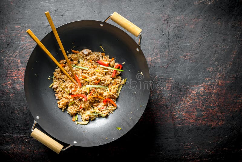 Chinese Wok. Rice with Vegetables and Beef Stock Photo - Image of meat ...