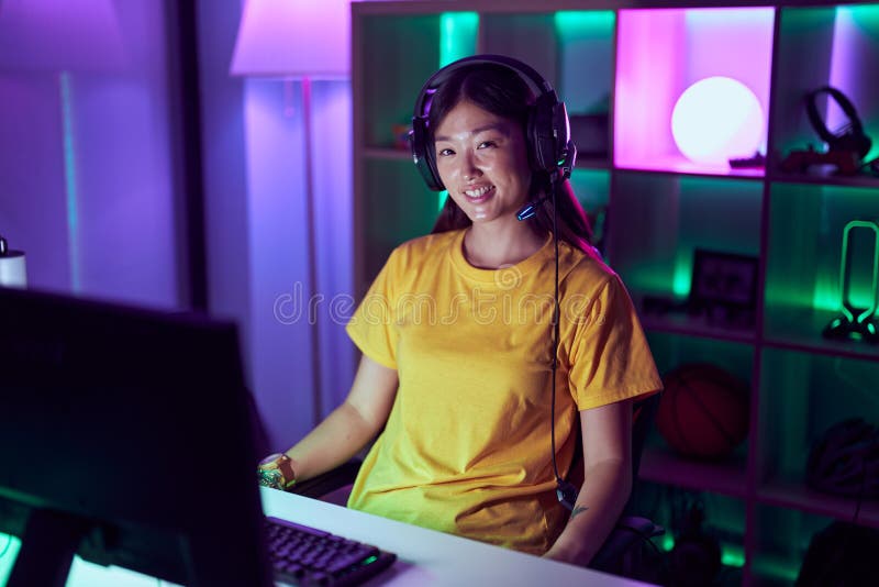 Chinese Woman Streamer Smiling Confident Using Computer at Gaming Room ...