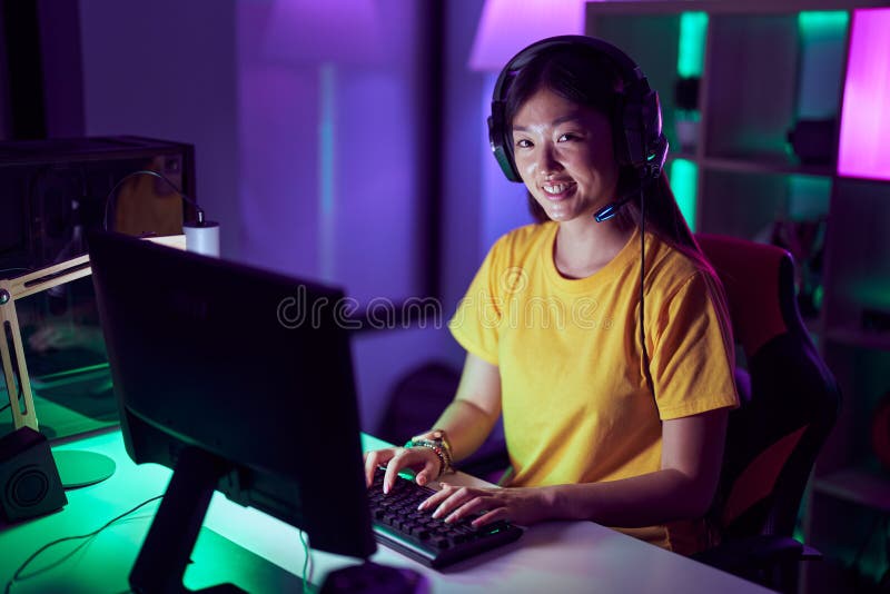 Chinese Woman Streamer Smiling Confident Using Computer at Gaming Room ...