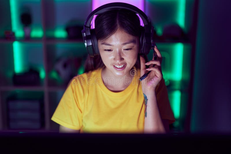 Chinese Woman Streamer Smiling Confident Using Computer at Gaming Room ...
