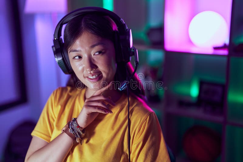 Chinese Woman Streamer Smiling Confident Using Headset at Gaming Room ...