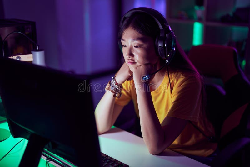 Chinese Woman Streamer Stressed Using Computer at Gaming Room Stock ...