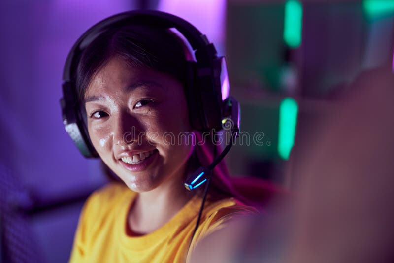 Chinese Woman Streamer Using Headset Make Selfie by Camera at Gaming ...