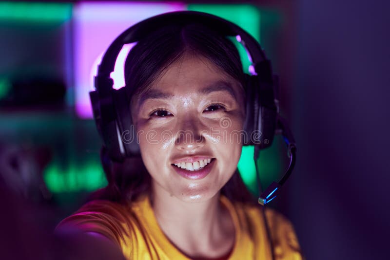 Chinese Woman Streamer Using Headset Make Selfie by Camera at Gaming ...