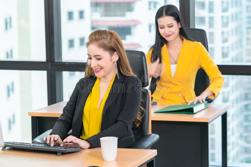 Chinese Woman Working with Computer Laptop in Modern City Office Stock ...