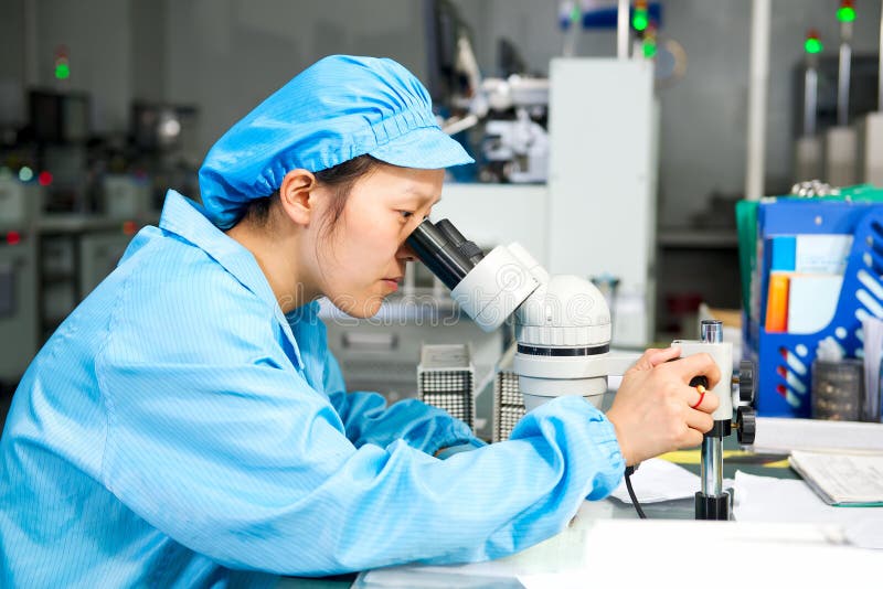 Chinese Worker on Factory Check Microscope Stock Photo - Image of asian ...