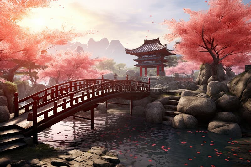 Chinese Zen Garden with Cherry Blossom Trees and Bridge, 3d Render, AI ...