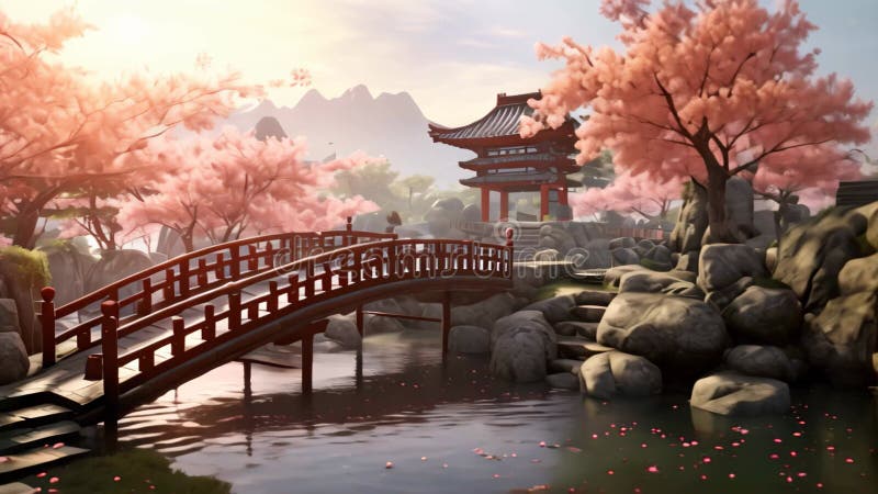 Zen Garden with Cherry Blossom and Pond in Spring, 3d Render, AI ...