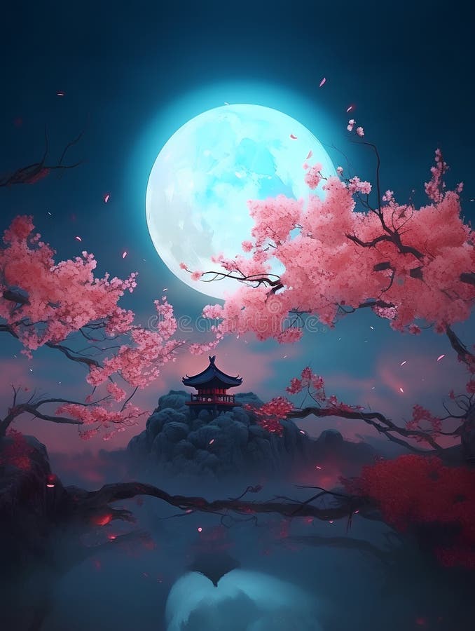 Chinese Zen Temple with Cherry Blossom and Full Moon at Night Stock ...