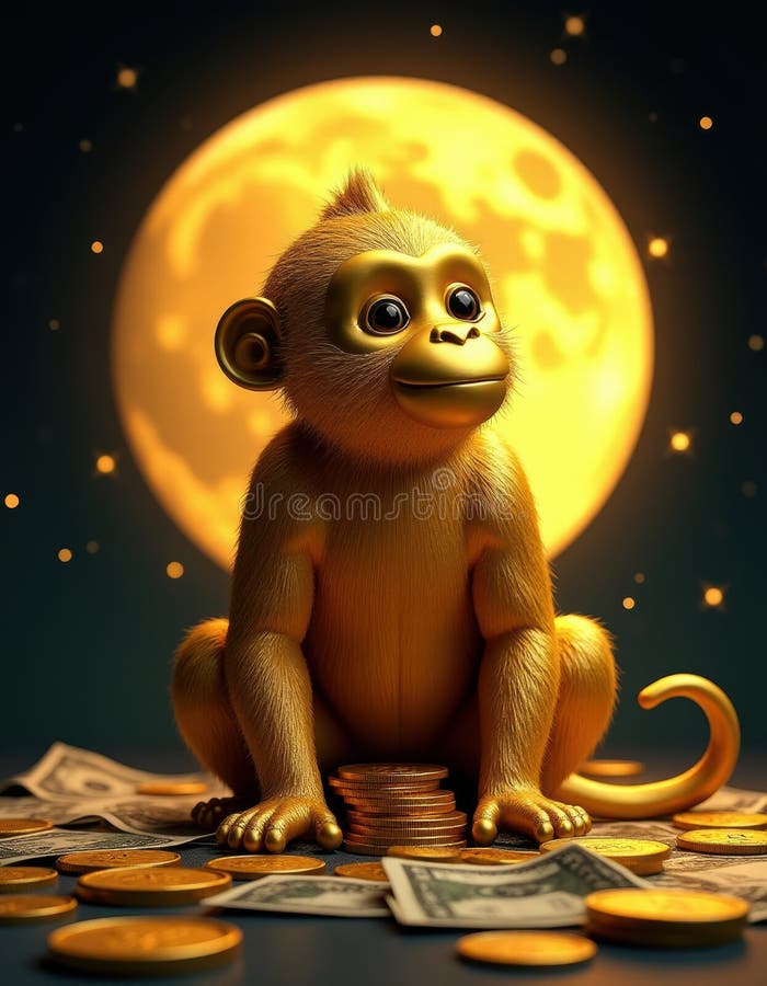 Chinese Zodiac Golden Monkey and Coins Under the Moon Stock ...