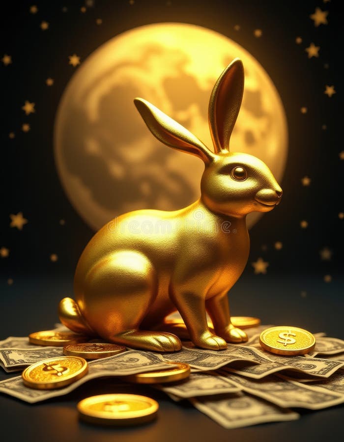 Chinese Zodiac Golden Rabbit of Fortune Under the Full Moon Stock ...