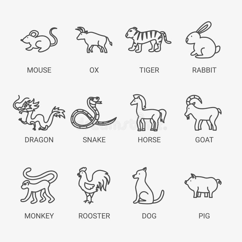 Chinese Zodiac Line Symbols Set Stock Vector - Illustration of monkey ...